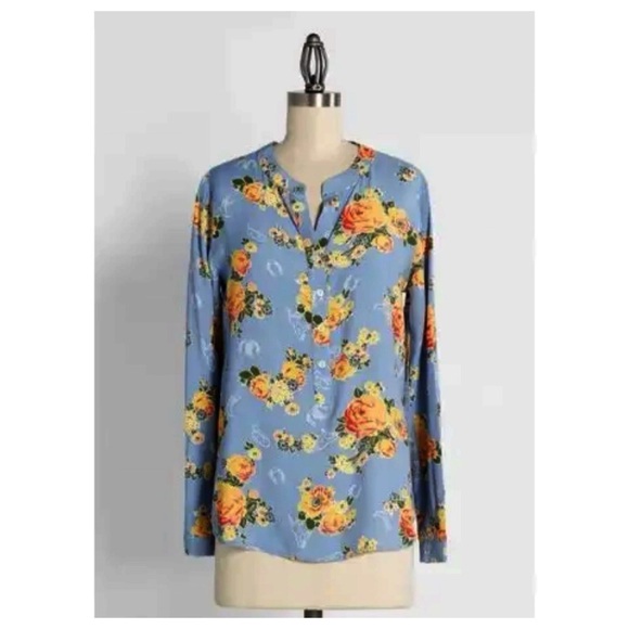 Modcloth | Tops | Modcloth Floral Blue Collarless Tunic Top Nwt | Poshmark
